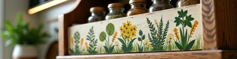 Rustic Wooden Spice Rack with Painted Floral Design and Herb Jars Stock ...