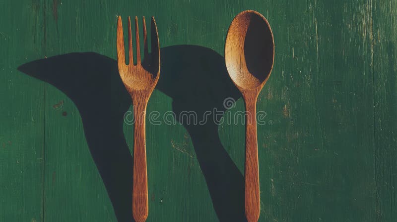 Rustic Wooden Spoon and Fork on Green Surface for Kitchen Decor or ...