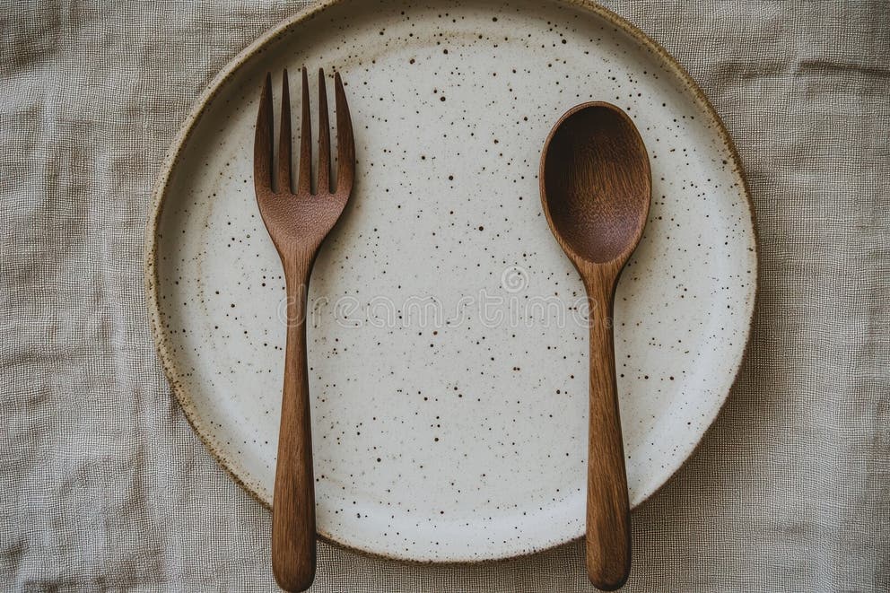 Rustic Wooden Spoon and Fork on Speckled Plate Minimalist Table Setting ...