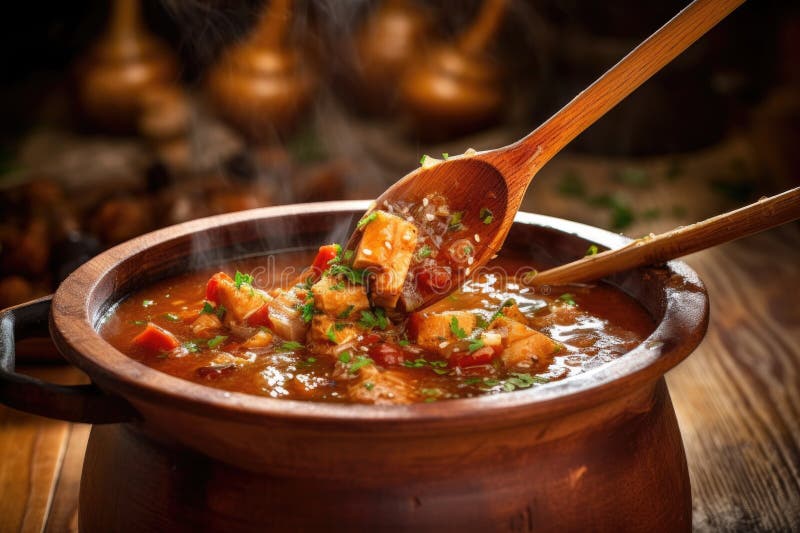 Rustic Wooden Spoon Stirring a Thick, Hearty Stew Stock Illustration ...