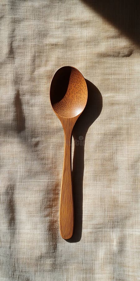 Rustic Wooden Spoon on Textured Fabric Background with Natural Sunlight ...
