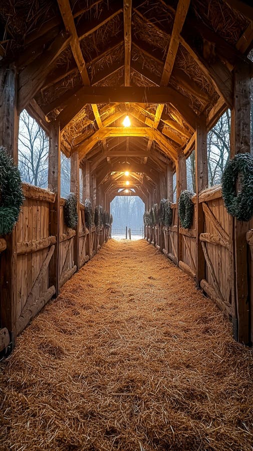 Rustic Wooden Stable Interior with Straw Path and Wreaths on a Misty ...
