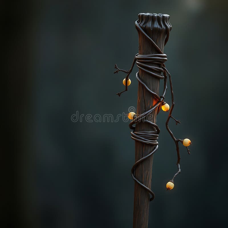 A Rustic Wooden Staff Wrapped with Vines and Glowing Runes Stock ...