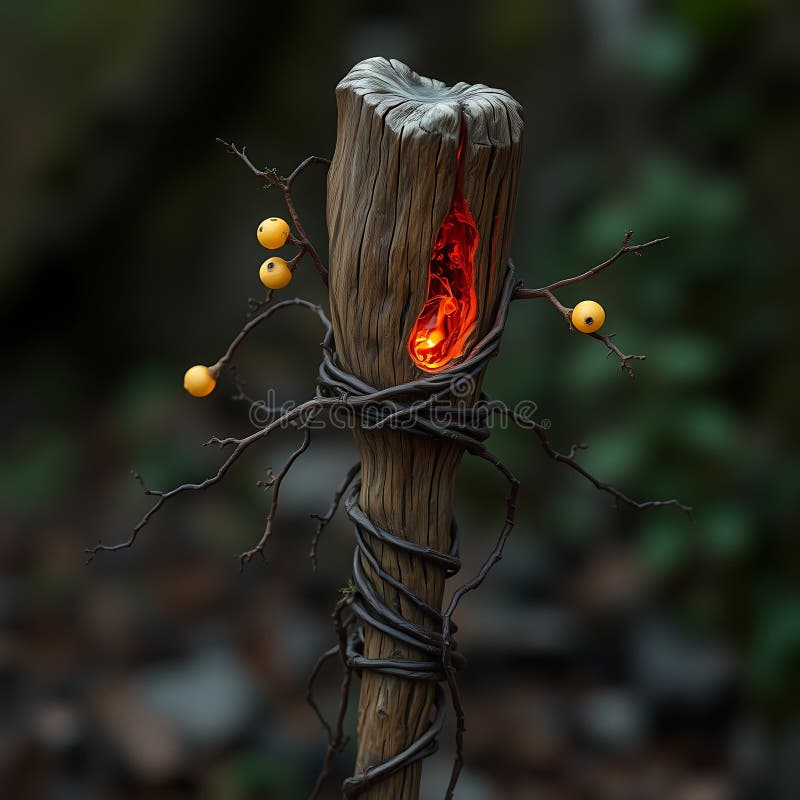 A Rustic Wooden Staff Wrapped with Vines and Glowing Runes Stock ...