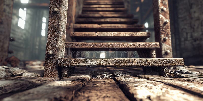 Rustic Wooden Staircase in Abandoned Building with Sunlit Dusty ...