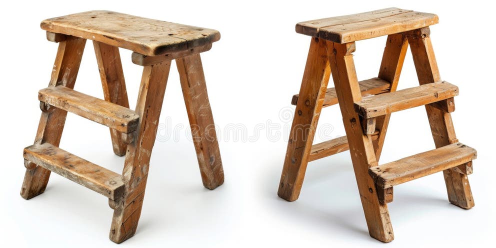 Rustic Wooden Step Stool with a Well-worn Texture, Standing Isolated on ...