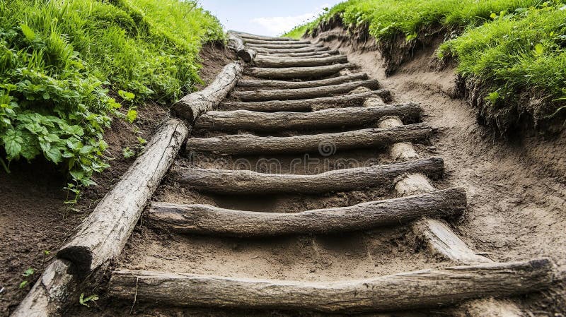 Rustic Wooden Steps Uphill, Grassy Hillside, Nature Trail Stock Photo ...