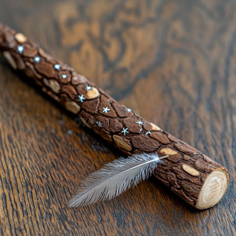 Rustic Wooden Stick with Feather on Table Stock Illustration ...