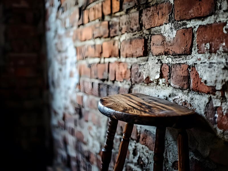 Rustic Wooden Stool Against Brick Wall Background Stock Photo Stock ...