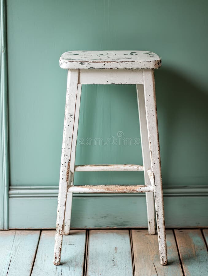 Rustic Wooden Stool Against a Teal Wall and Wooden Floor. Stock Photo ...