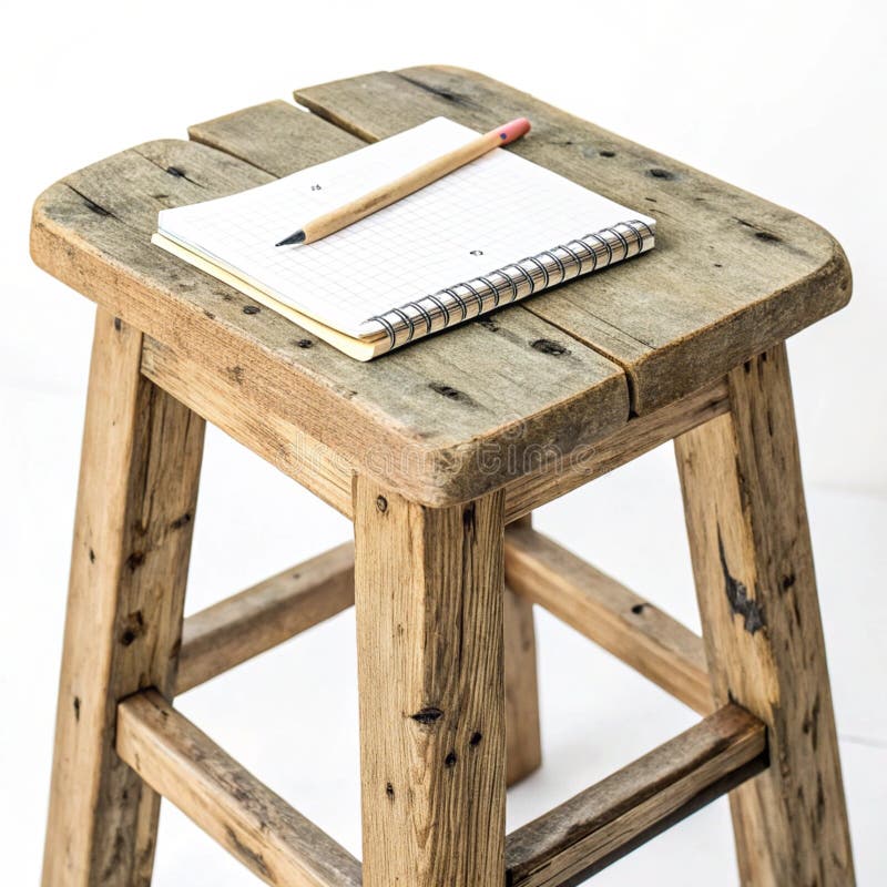 Rustic Wooden Stool with Notebook and Pencil Stock Illustration ...