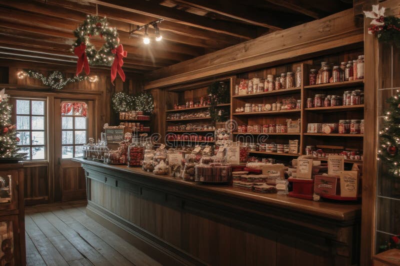 Rustic Wooden Store Interior Decorated for Christmas Stock Illustration ...