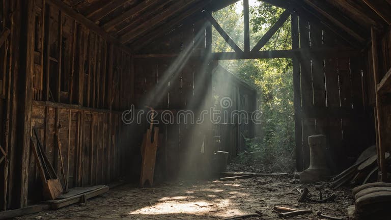 Rustic Wooden Structure Interior with Sunlight and Tools Stock ...