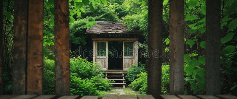 Rustic Wooden Structure in a Lush Green Garden. Stock Image - Image of ...