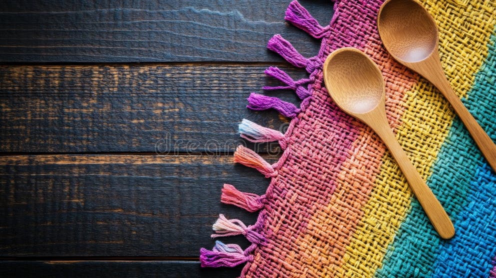 Rustic Wooden Surface with a Close-up of Wooden Spoons and an Array of ...