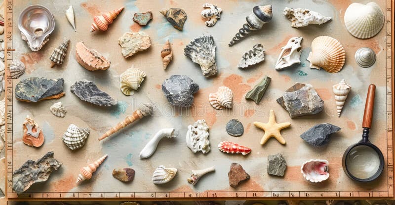 On a Rustic Wooden Surface, a Diverse Collection of Seashells, Rocks ...