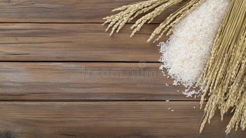 On a Rustic Wooden Surface, Rice Grains are Spread Out, Leaving Room ...