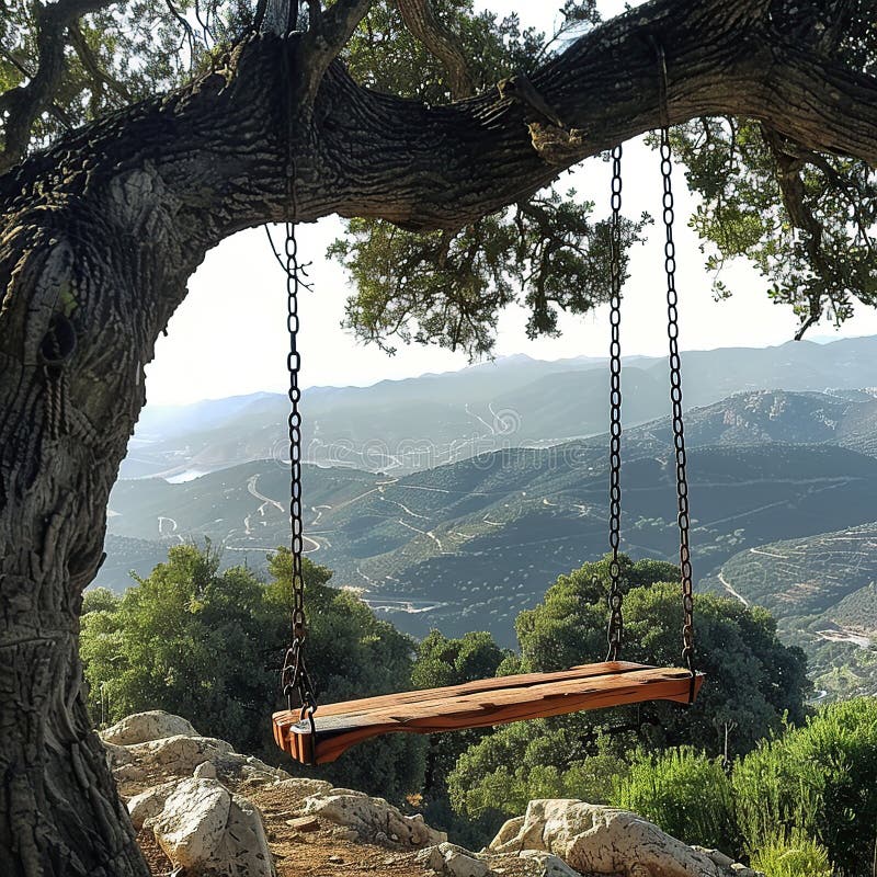 A Rustic Wooden Swing with Iron Chains, Suspended from a Cliffside Tree ...