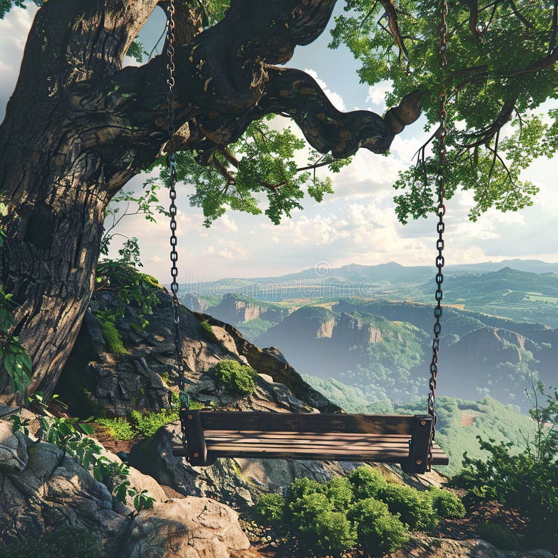 A Rustic Wooden Swing with Iron Chains, Suspended from a Cliffside Tree ...