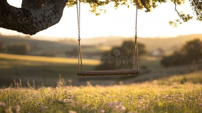 Rustic Wooden Swing Under a Blooming Tree Stock Image - Image of advertising, tree: 368489743