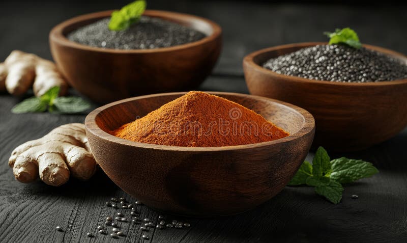 A Rustic Wooden Table is Adorned with an Array of Vibrant Spices and ...