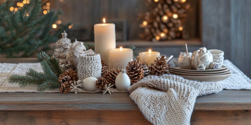 A Rustic Wooden Table Adorned with Winter-themed Decorations, Including ...