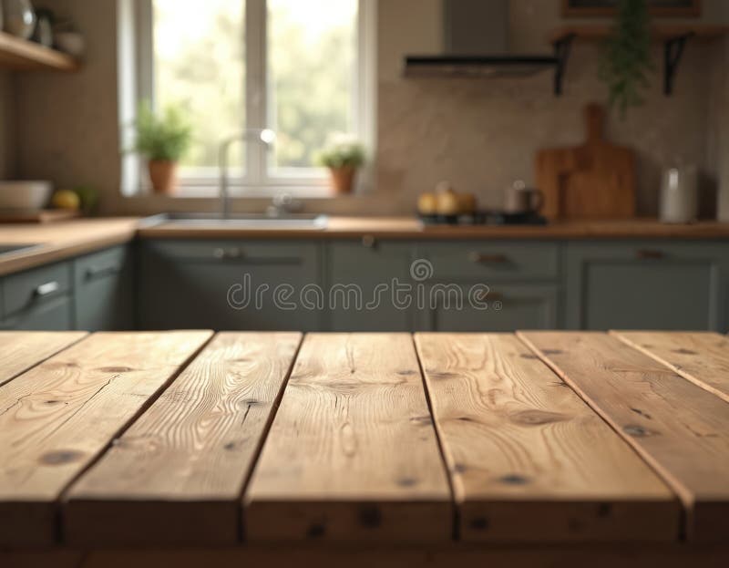 Rustic Wooden Table Against Blurred Kitchen Backdrop. Empty Wood ...