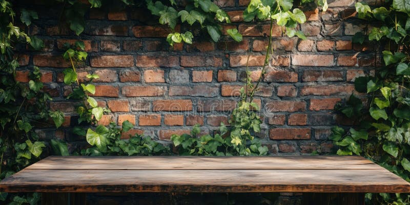 Rustic Wooden Table Against a Brick Wall Adorned with Green Ivy Vines ...