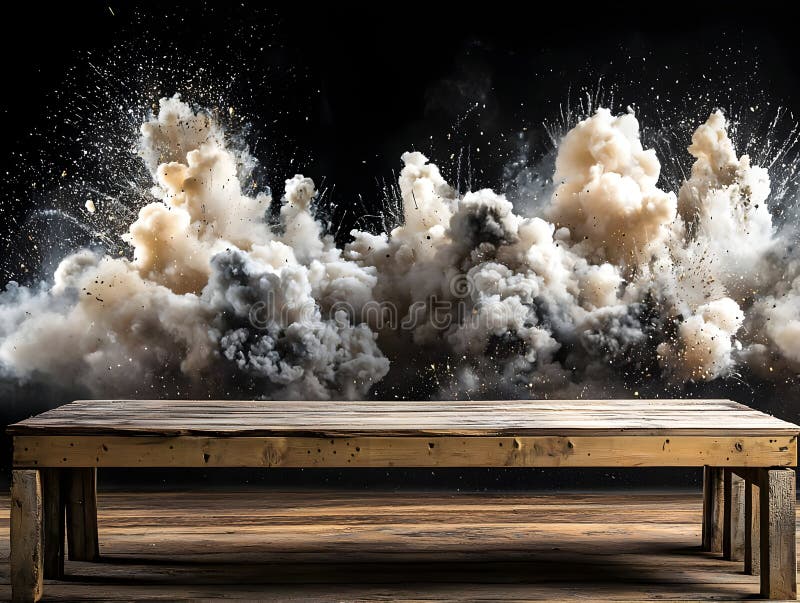 Rustic Wooden Table Against Explosive Powder Cloud Backdrop Stock ...