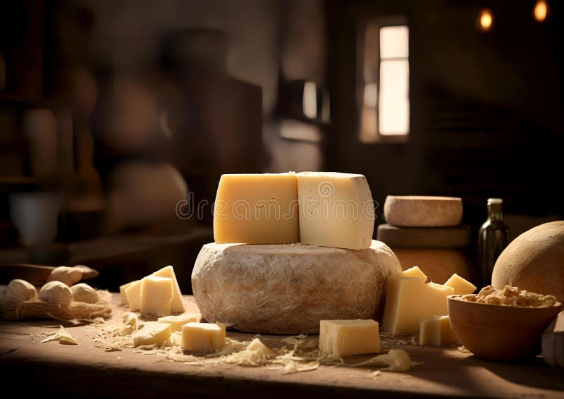 Rustic Wooden Table with Assorted Cheeses, Showcasing Different Types ...