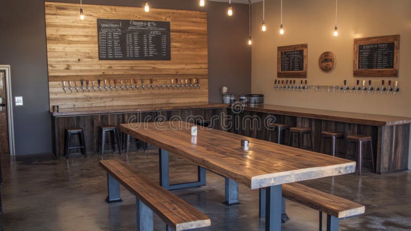 Rustic Wooden Table and Bench Set in a Brew Pub Stock Illustration ...
