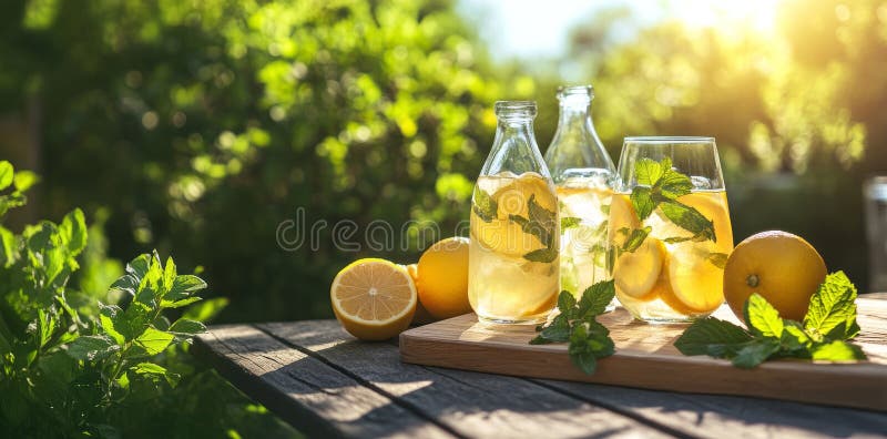 On a Rustic Wooden Table are Beverages with a Refreshing Blend of ...