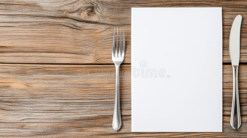 Rustic Wooden Table with a Blank Menu, Fork, and Knife Creating White ...