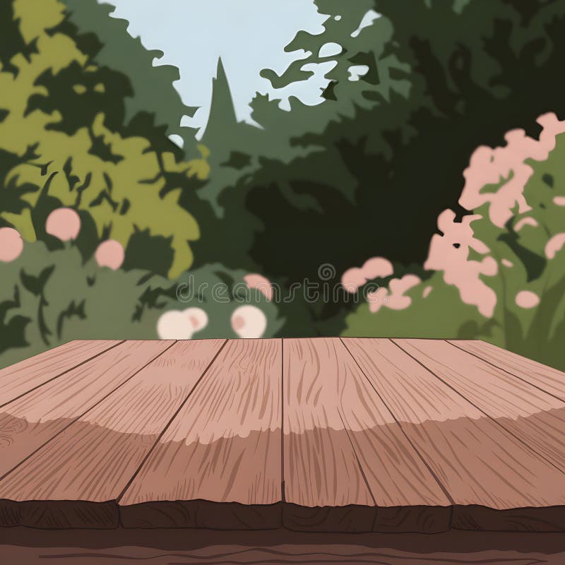Rustic Wooden Table with Blurred Garden Backdrop, Inviting Thoughts of ...