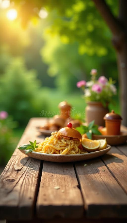 Rustic Wooden Table, Blurred Summer Party Scene, Light, Shadow, Space ...