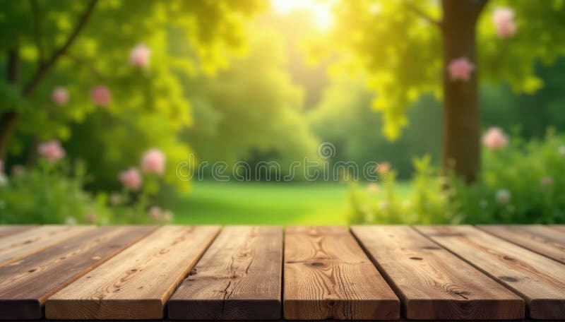 Rustic Wooden Table, Blurry Summer Party Scene, Sunshine, Old Stock ...