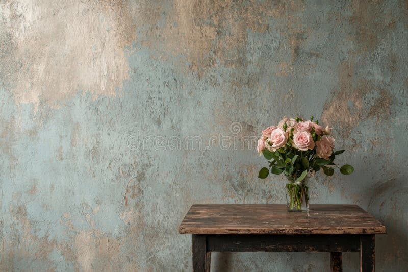 Rustic Wooden Table with Bouquet of Pink Roses Against Textured Wall ...