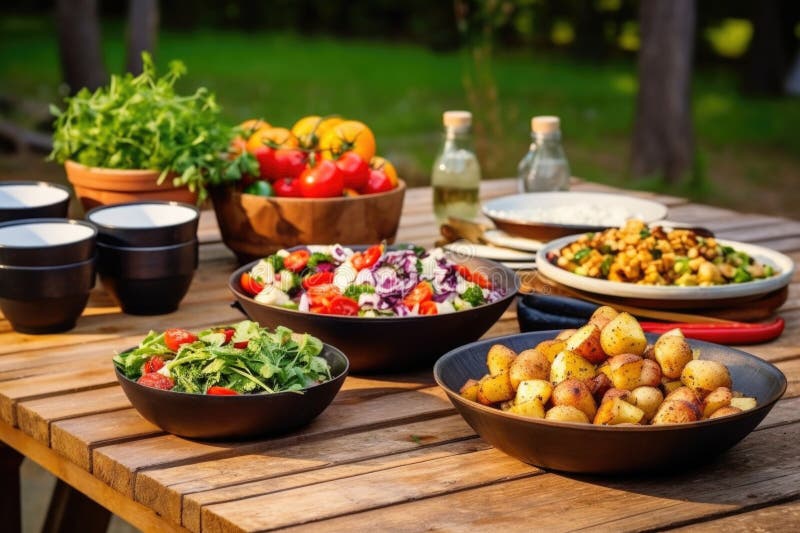 Rustic Wooden Table with Bowls of Potato and Bbq Salads Stock Photo ...
