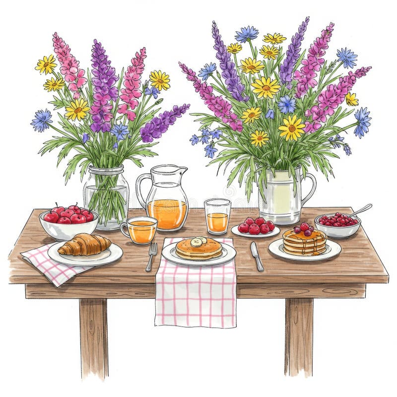 Rustic Wooden Table Breakfast with Wildflower Bouquets Stock ...