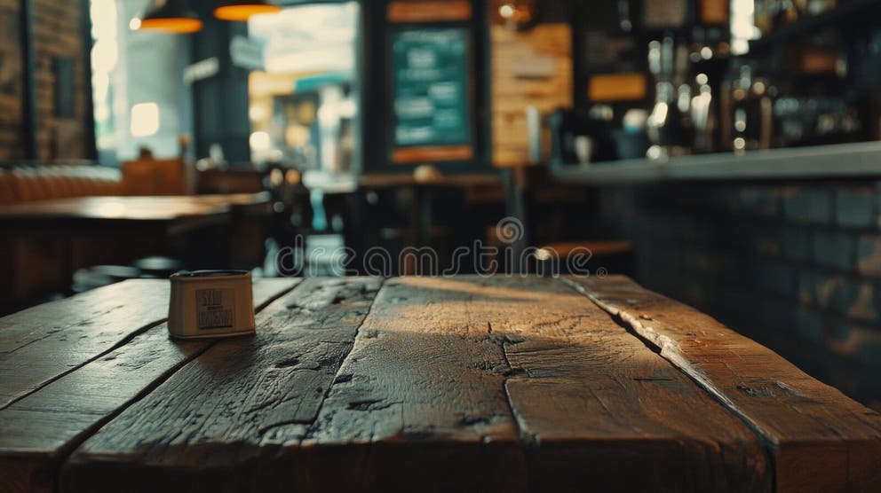 Rustic Wooden Table in a Busy Cafe Setting Stock Illustration ...