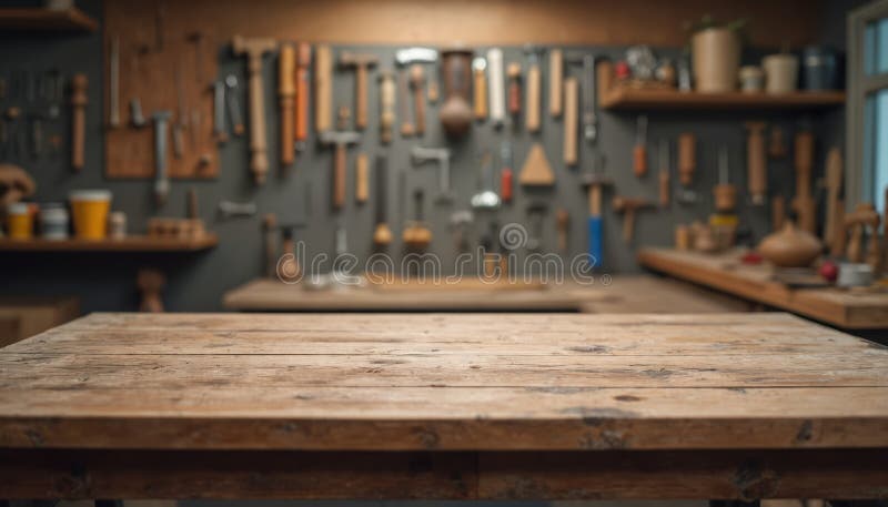 Rustic Wooden Table in Carpenter Workshop with Wall of Blurred ...