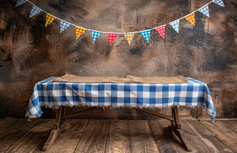 Rustic Wooden Table with Checkered Tablecloth and Bunting Flags in Cozy ...