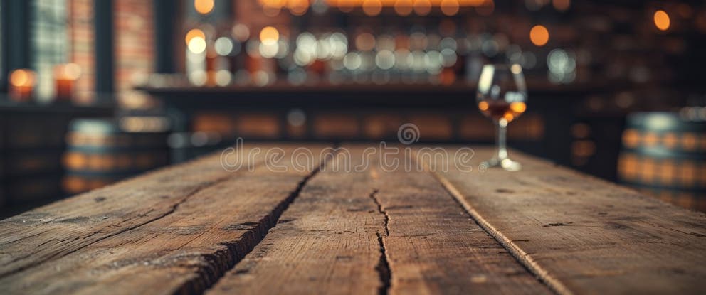 Rustic Wooden Table in a Cozy Bar Setting Stock Image - Image of ...