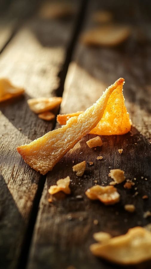 Rustic Wooden Table with Crispy Triangle Snack and Sunlight Highlights ...