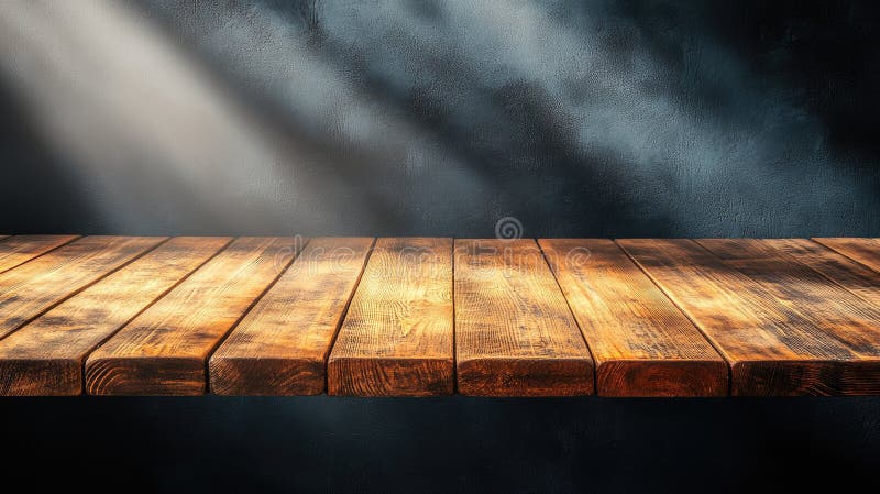 Rustic Wooden Table on Dark Blue Textured Wall with Dramatic Lighting ...