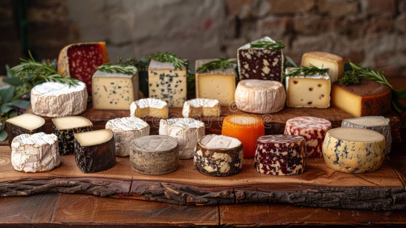 A Rustic Wooden Table Decorated with Many Cheeses Stock Photo - Image ...
