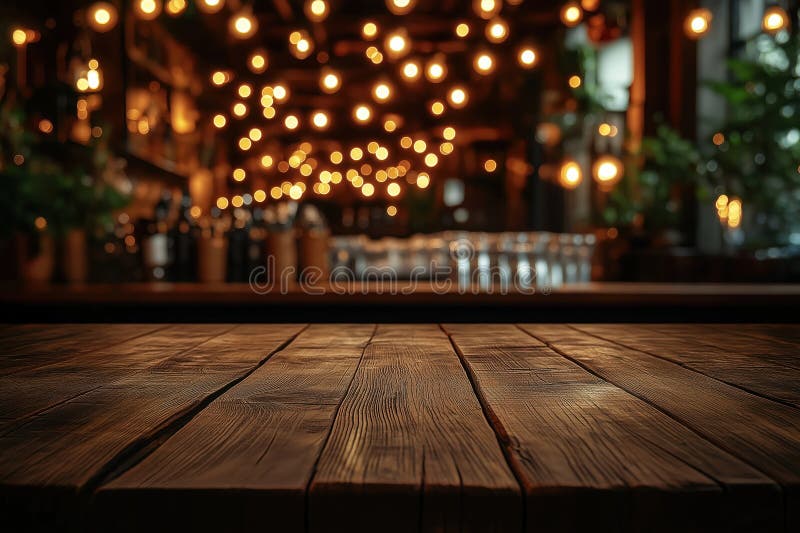 Rustic Wooden Table in Dimly Lit Bar. Warm String Lights Create Cozy ...