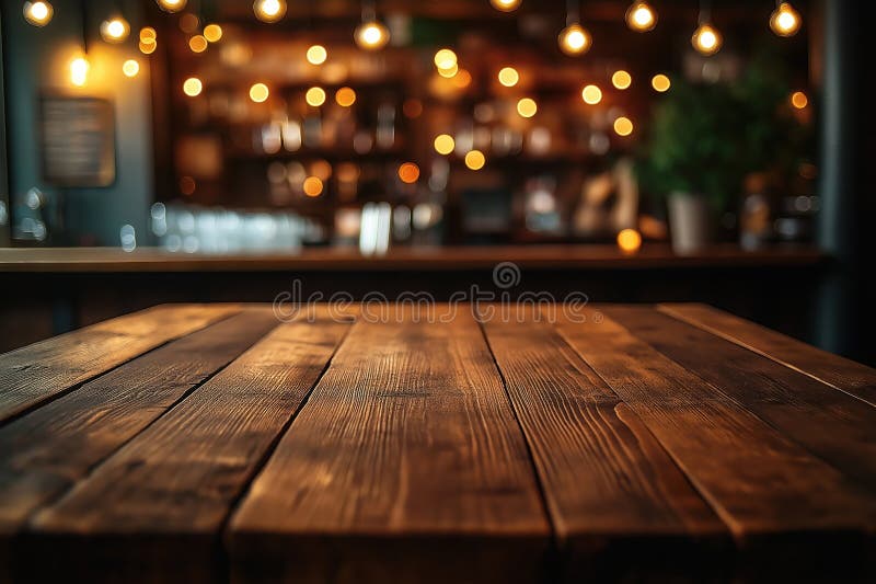Rustic Wooden Table in Dimly Lit Bar. Warm String Lights Create Cozy ...