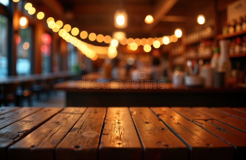 Rustic Wooden Table in Dimly Lit Bar. Warm String Lights Create Cozy ...
