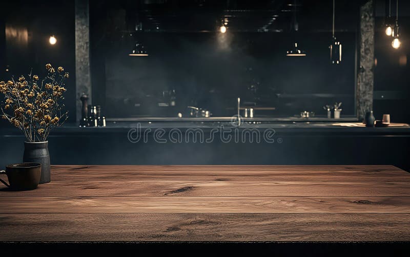 Rustic Wooden Table in a Dimly Lit Kitchen with Decorative Flowers and ...